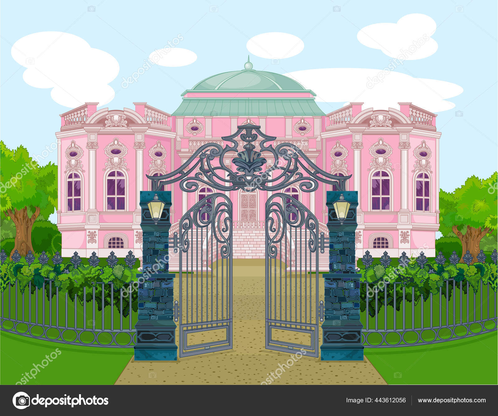 Ilustración Vectorial Palacio Rosa Con Puerta Acero Hermoso Jardín ...
