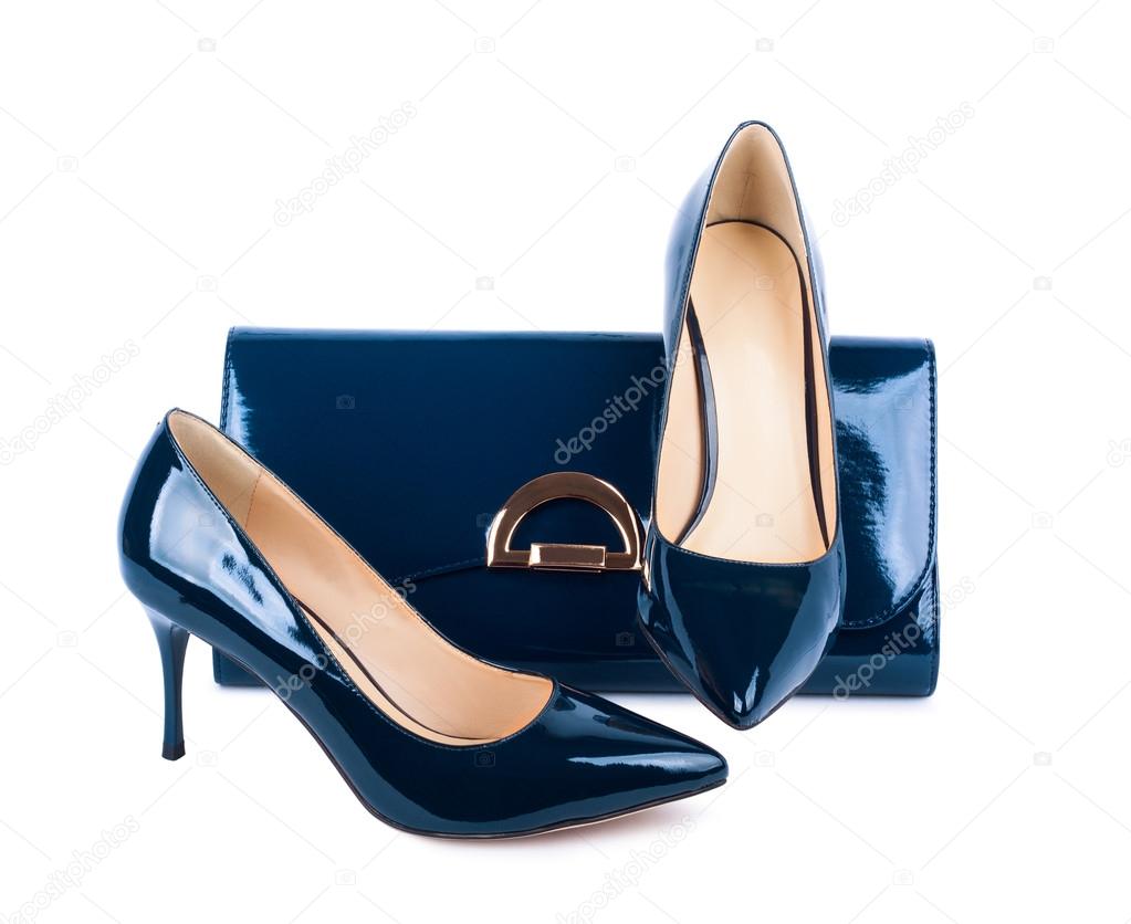 Beautiful blue shoes with clutches on white isolated background Stock ...