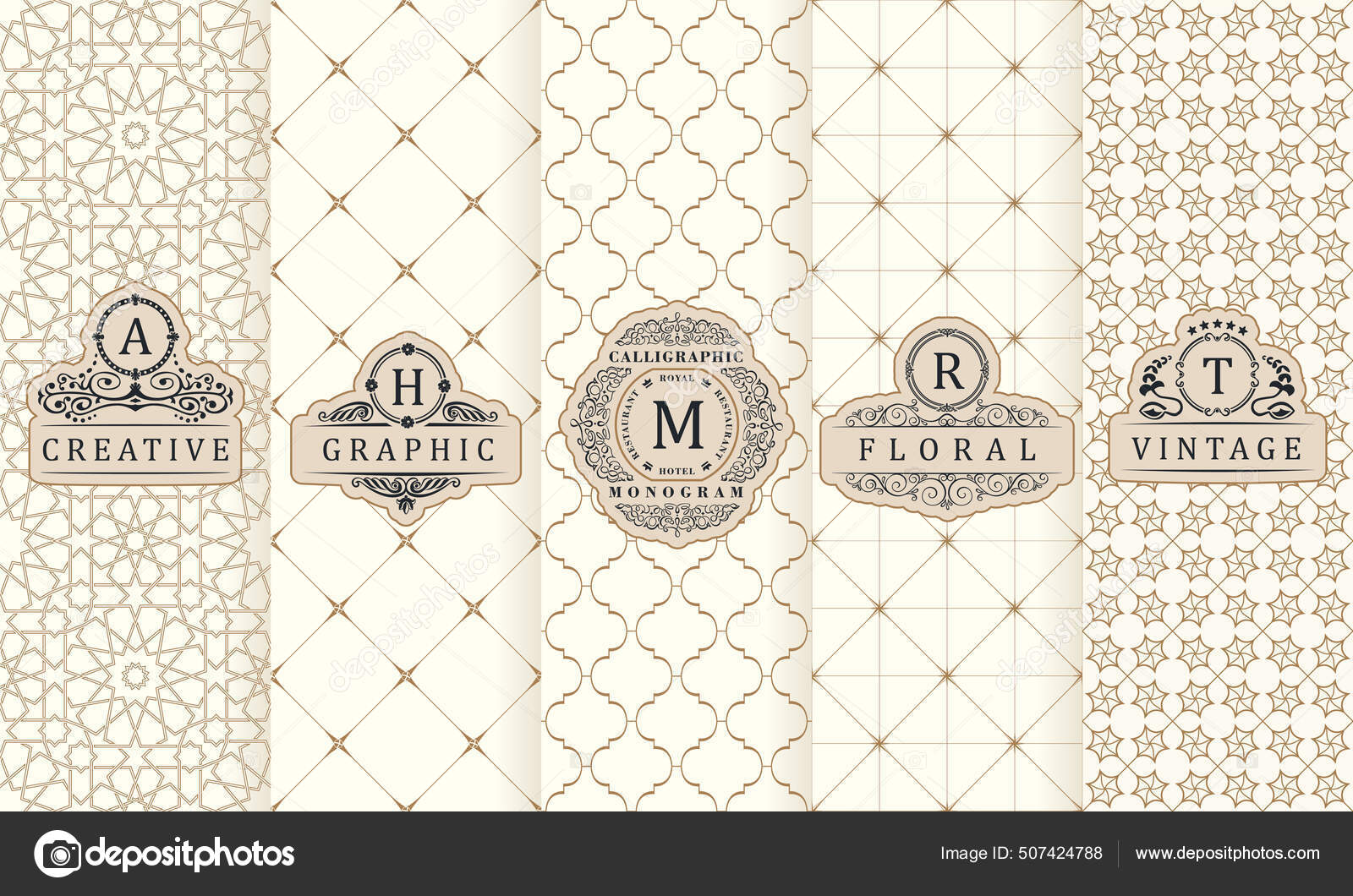 Vertical labels and vintage frames, packaging on seamless background ...
