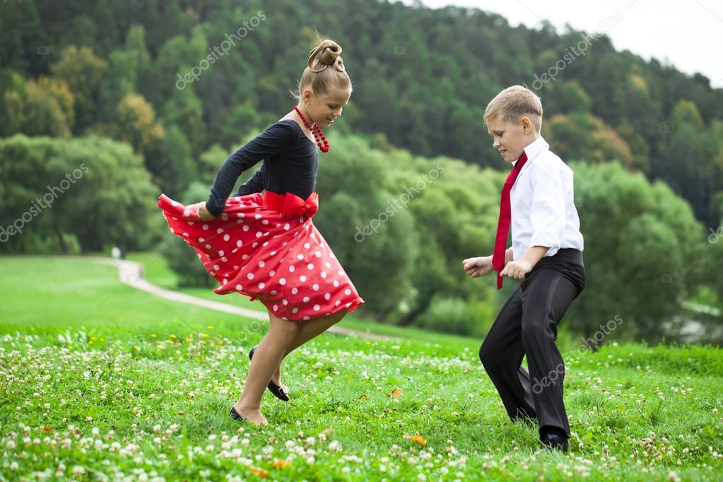 Childrens retro dance couple in suits — Stock Photo © arkusha #120765120
