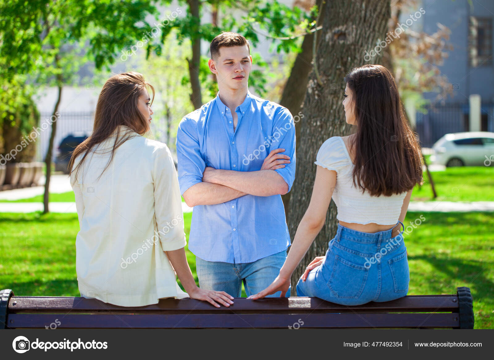 One Young Guy Talking Two Girlfriends Summer Park Stock Photo by ...