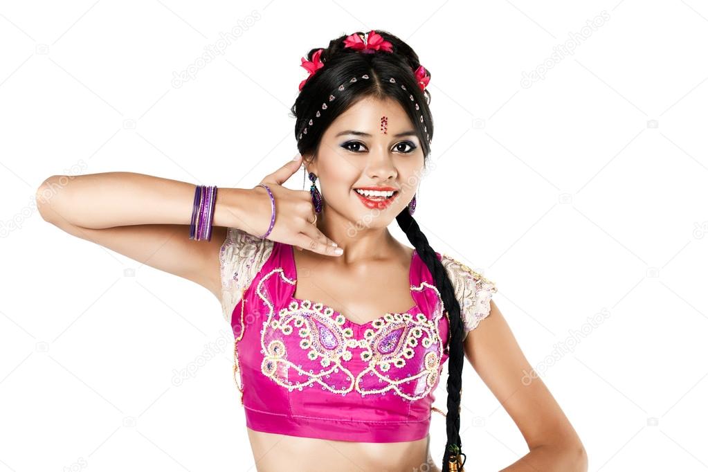 Beautiful woman making a call me gesture — Stock Photo © arkusha #54300457