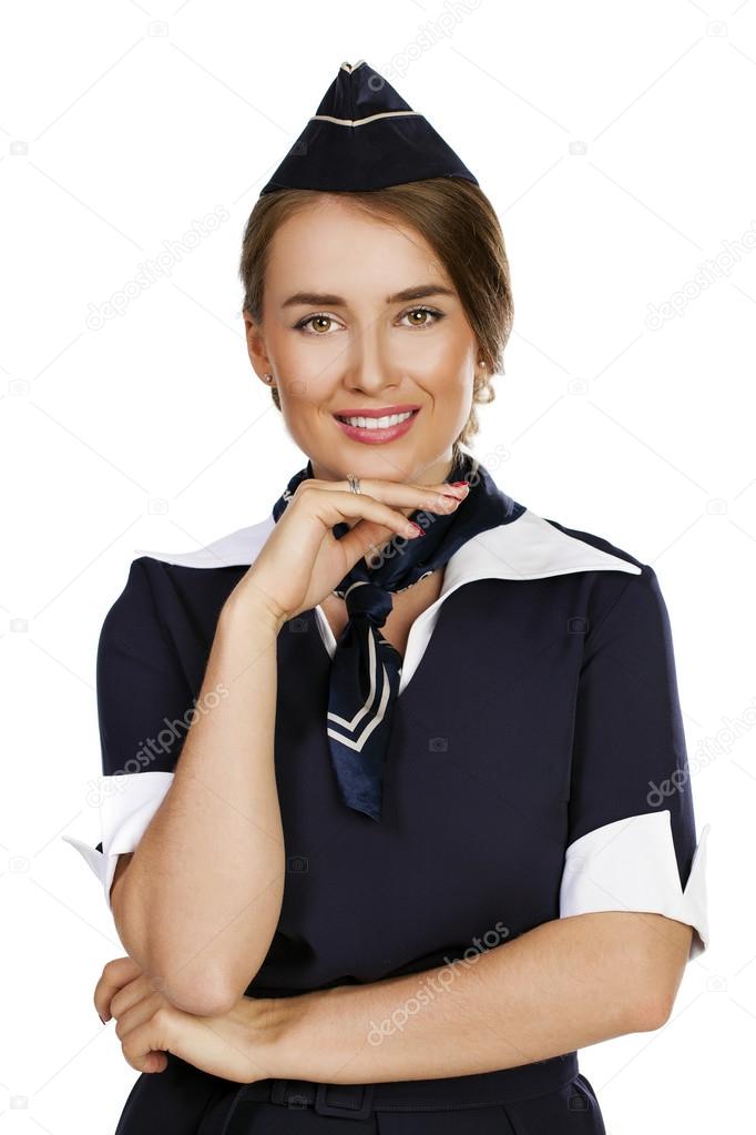Hermosa azafata sonriente aislada sobre un fondo blanco — Foto de stock ...
