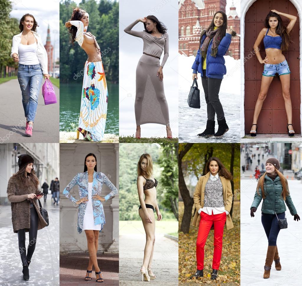 Collage of ten different models in fashionable clothes for the s ...