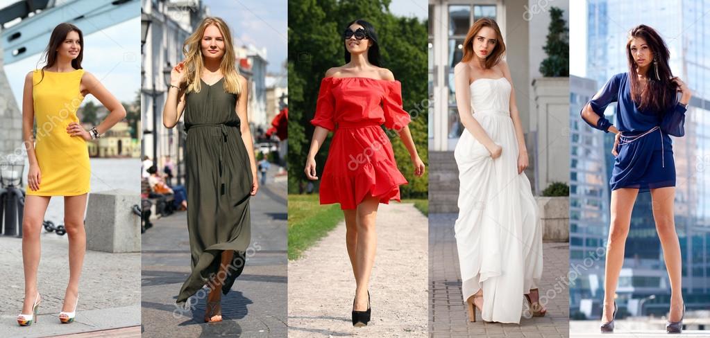 Collage of five beautiful models in colored summer dresses Stock Photo ...