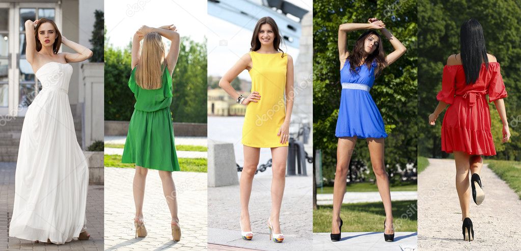 Collage of five beautiful models in colored summer dresses — Stock ...