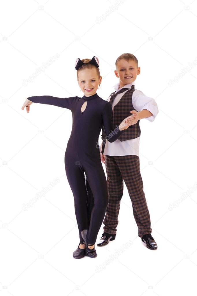 Dancing little girl dressed as a cat and a boy in a plaid vest Stock ...