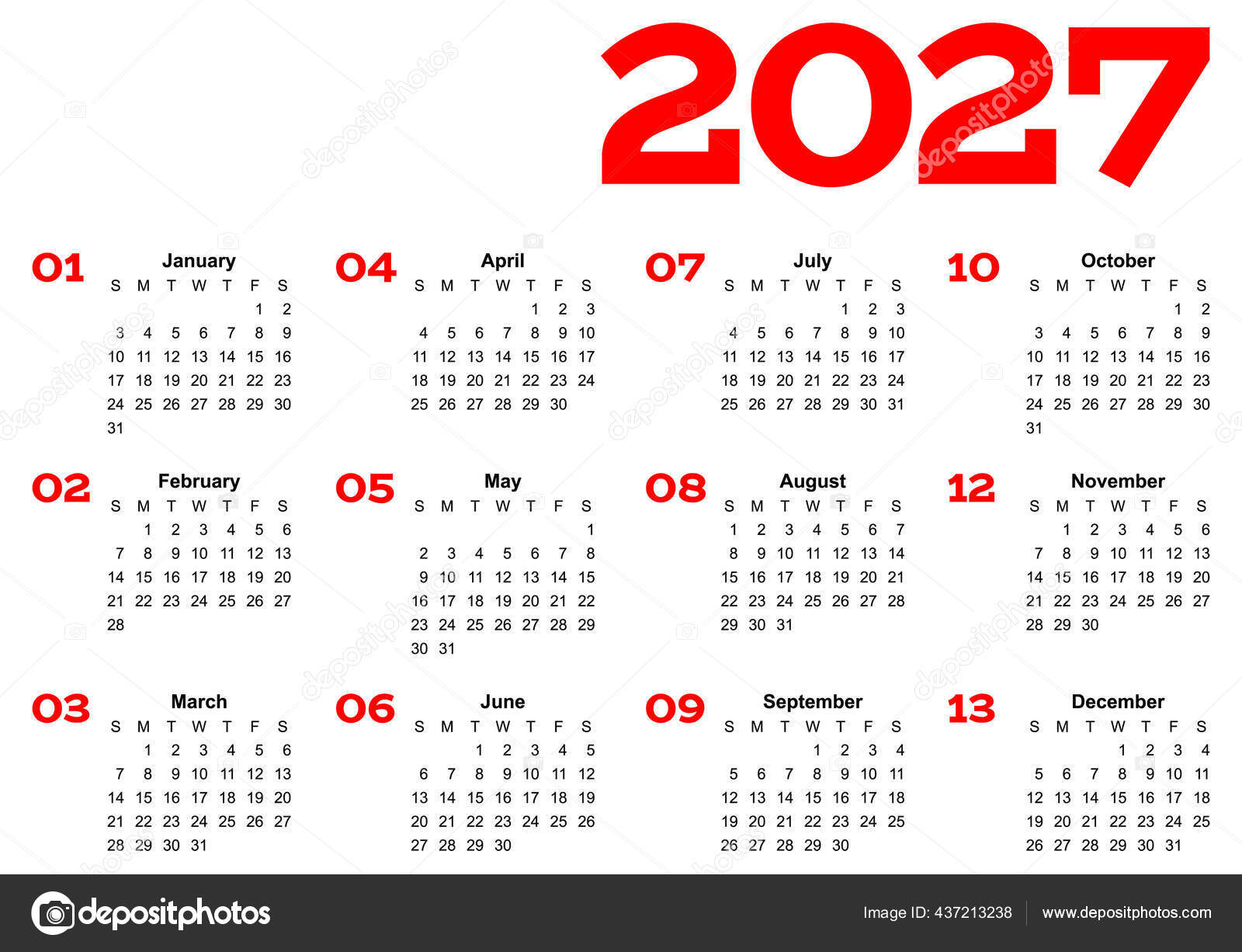 Tahun 2027 satu halaman bulan kalender grid, warna-warni pada latar ...