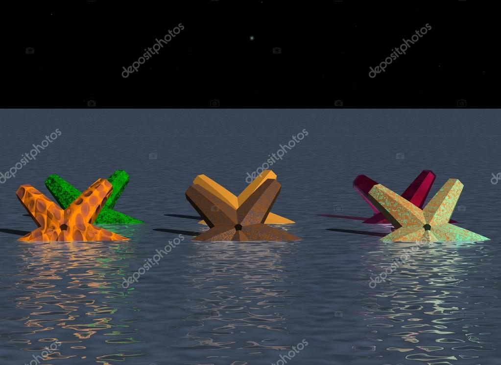 3d illustration: "Mystical objects on the surface of the ocean" Stock ...