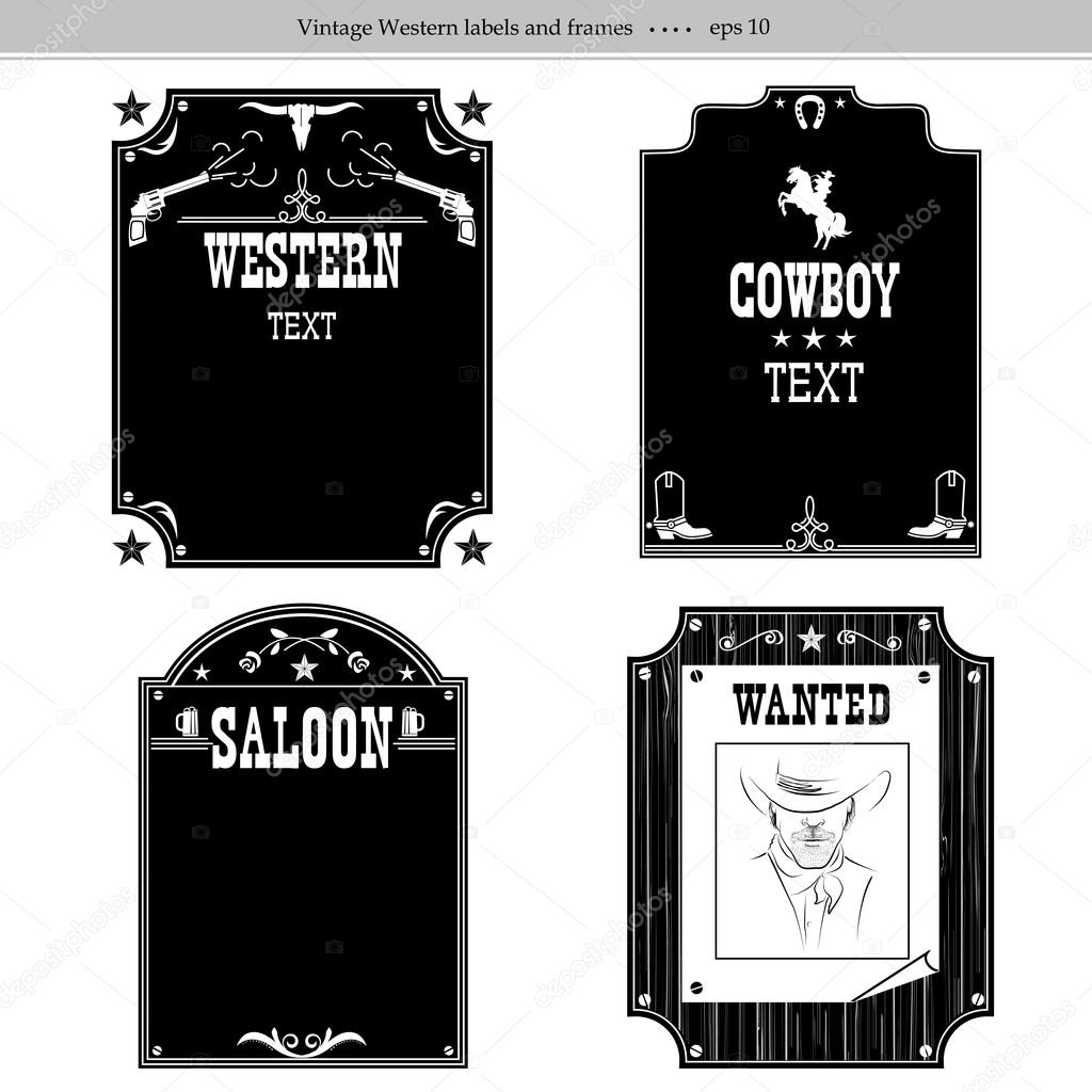 Set of Western backgrounds.Vector black graphic labels isolated Stock ...
