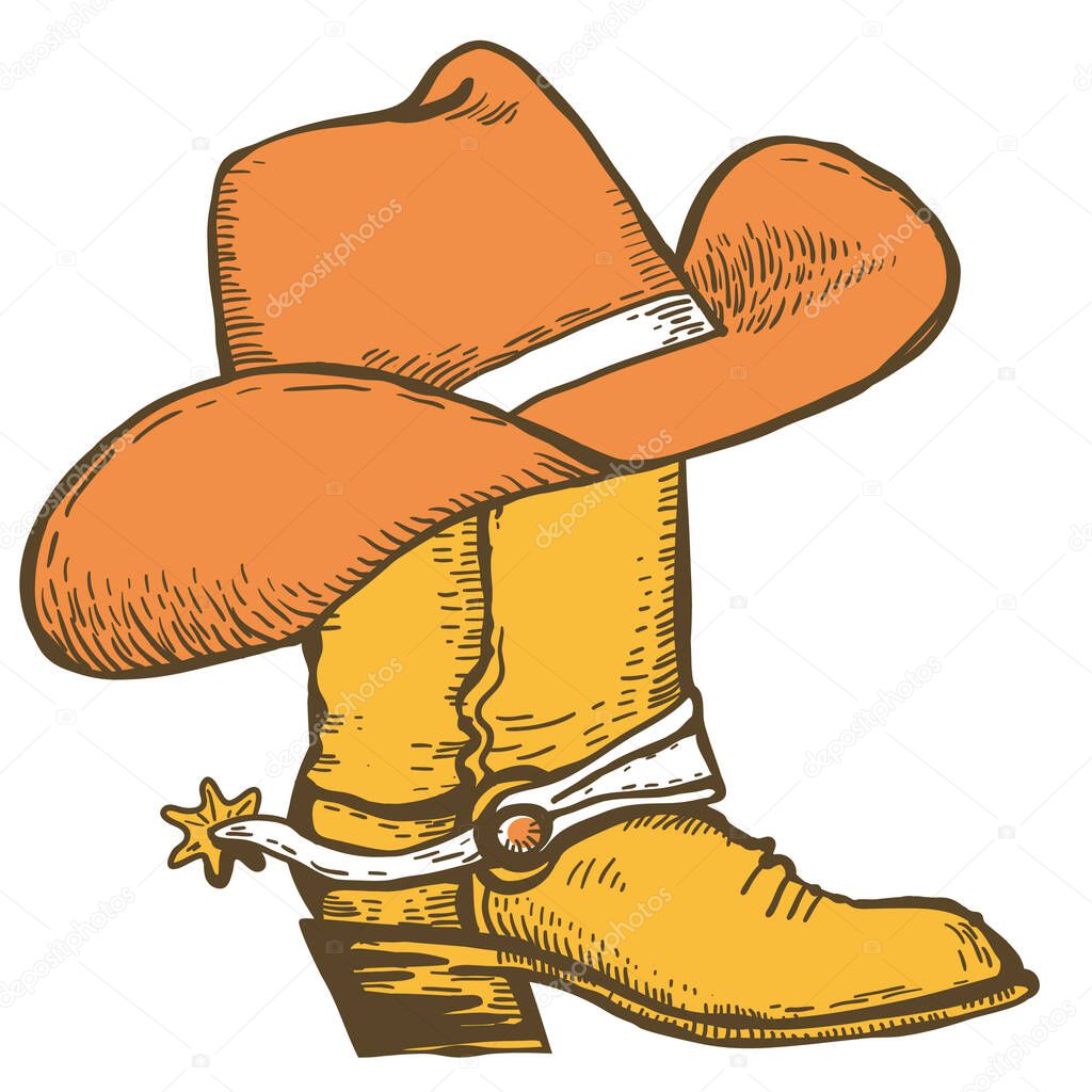 Bota de vaquero y sombrero de vaquero. Vintage ropa Wild West ilustración a color dibujado a ...