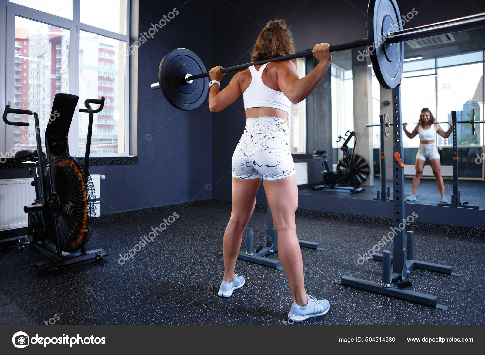 Strong Woman Doing Squats Barbell Shoulders Female Body Builder Athlete Stock Photo by ...
