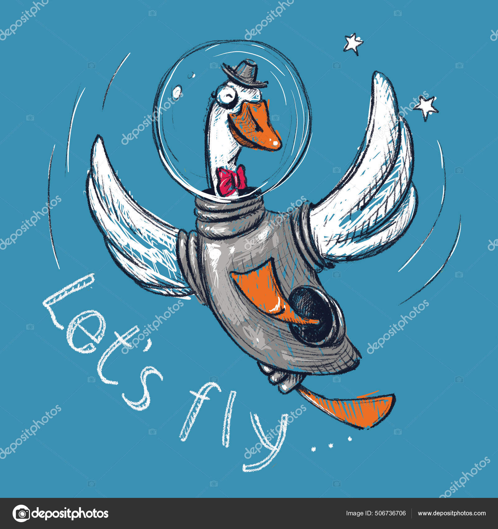 Flying Goose Space Suit Let's Fly Drawing Printing Stock Photo by ...