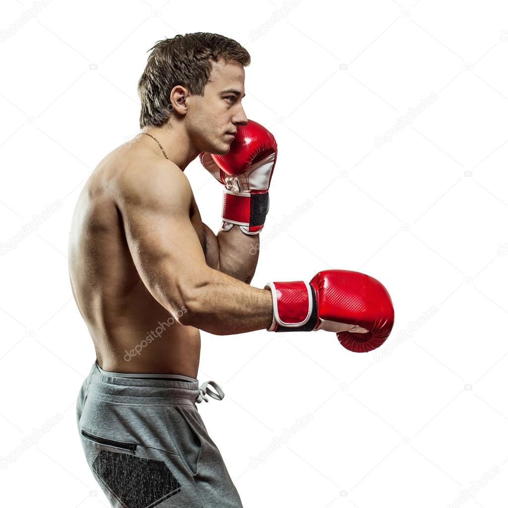 Muscular boxer is boxing. Isolated on white background. Stock Photo by ...