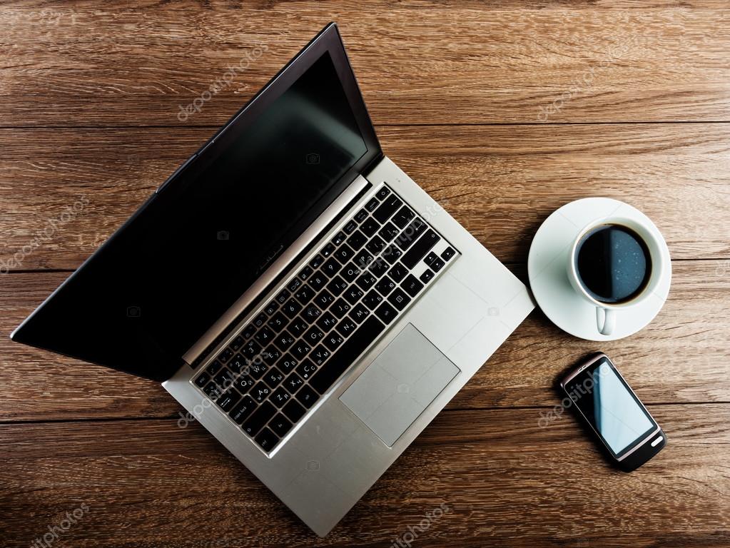Office desk with computer, coffee, smartphone Stock Photo by ©valphoto ...