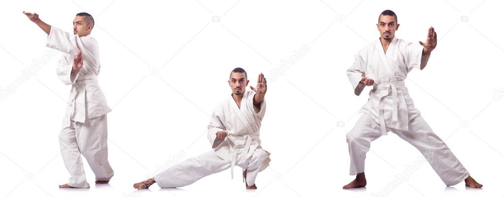 Collage of karate player in kimono isolated on white — Stock Photo ...