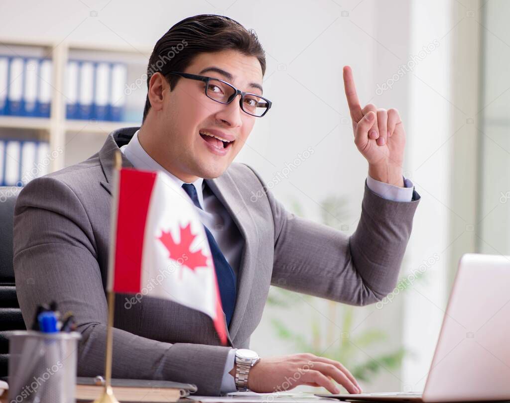 Empresario con bandera canadiense en el cargo 2024