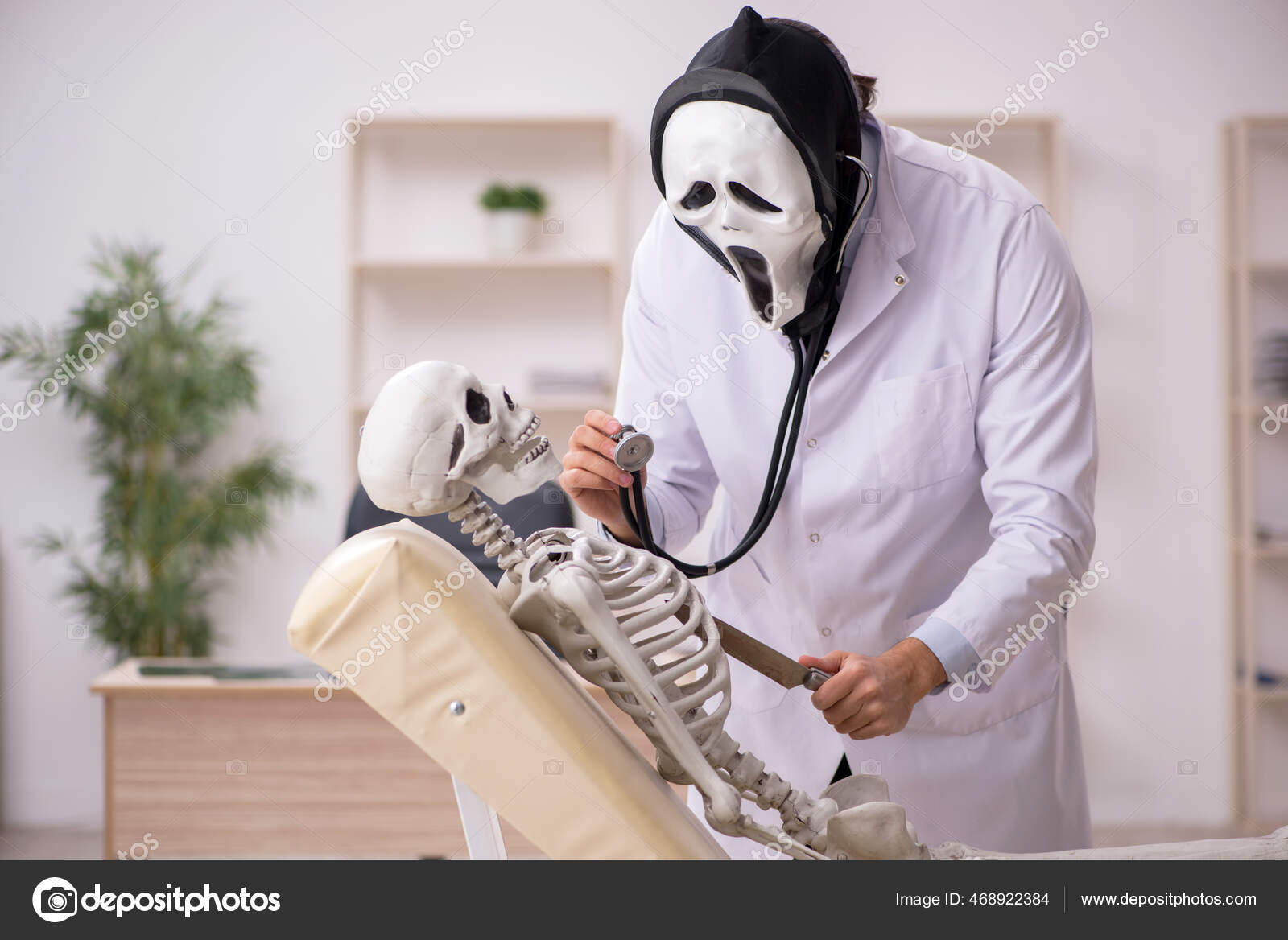 Devil doctor examining skeleton patient — Stock Photo © Elnur_ #468922384