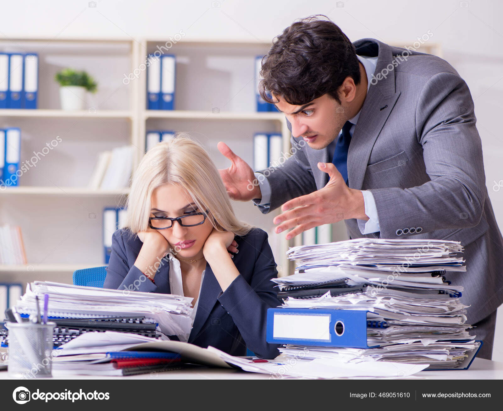 Angry irate boss yelling and shouting at his secretary employee — Stock ...