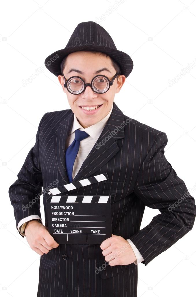Funny man in elegant suit with movie clapboard isolated on white Stock ...