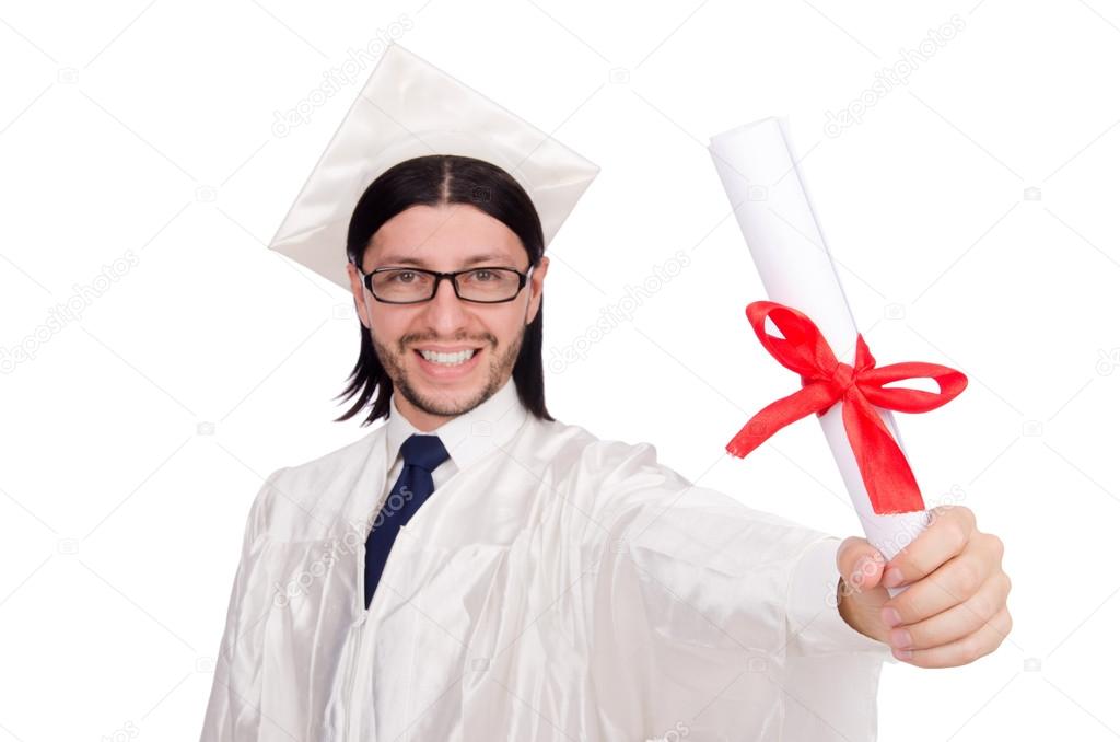 Young male student graduated from high school on white — Stock Photo ...