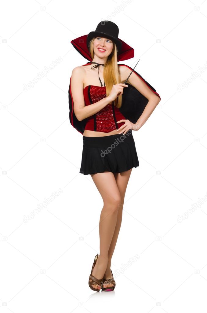 Woman magician with magic wand on white — Stock Photo © Elnur_ #60152515