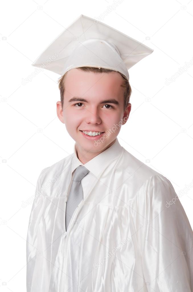 Young male student graduated from high school on white — Stock Photo ...