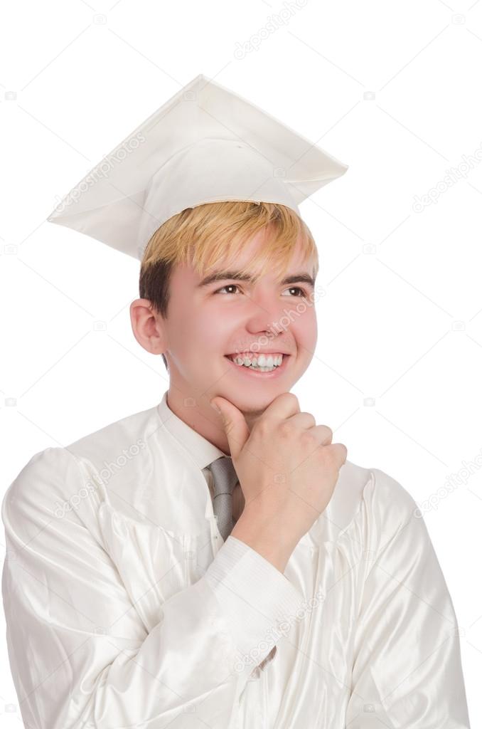 Young male student graduated from high school on white — Stock Photo ...