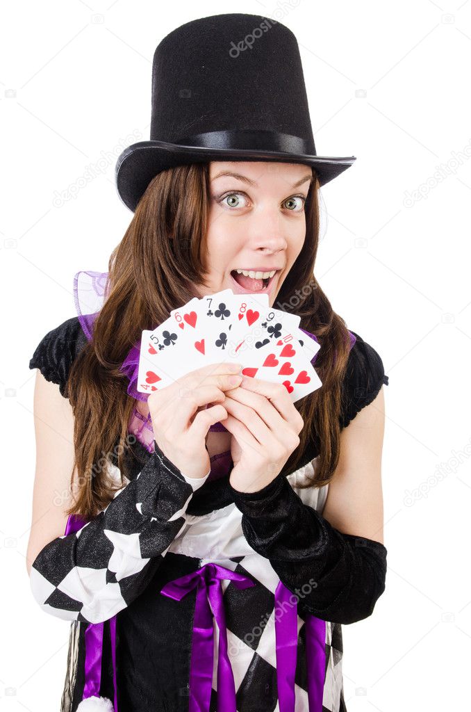Pretty girl in jester costume with cards isolated on white Stock Photo ...