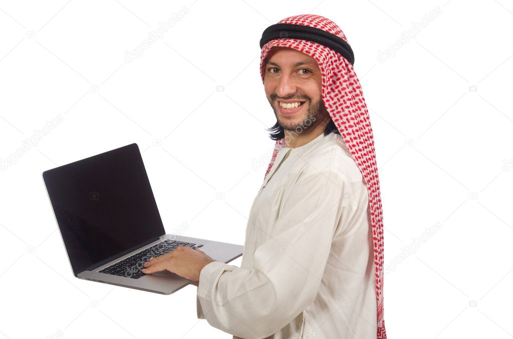 Arab man with laptop isolated on white — Stock Photo © Elnur_ #83731072
