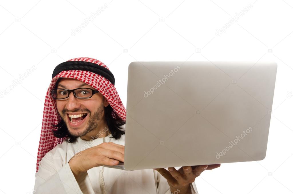 Arab man with laptop isolated on white — Stock Photo © Elnur_ #85856882