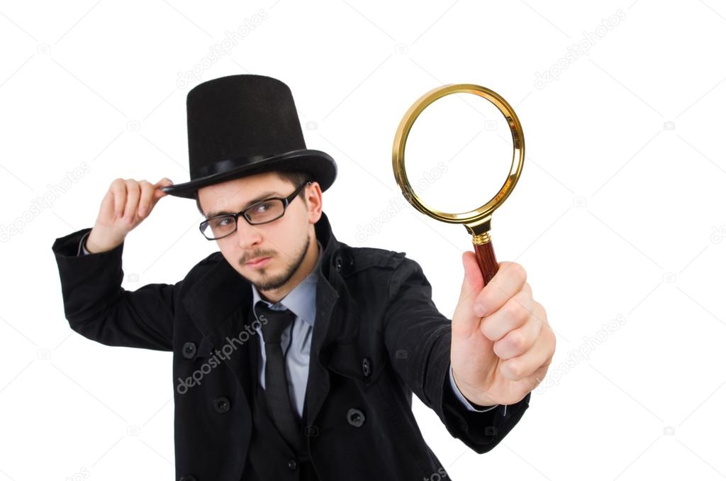 Young detective with magnifying glass isolated on white Stock Photo by ...