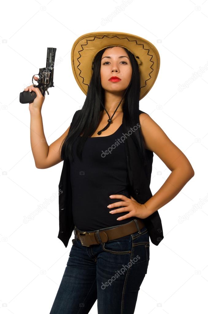 Mujer joven con arma aislada en blanco: fotografía de stock © Elnur ...