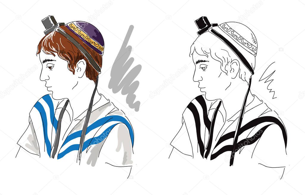 Dibujo a mano bocetos con chico judío hasidico. Ilustración vectorial. 2022