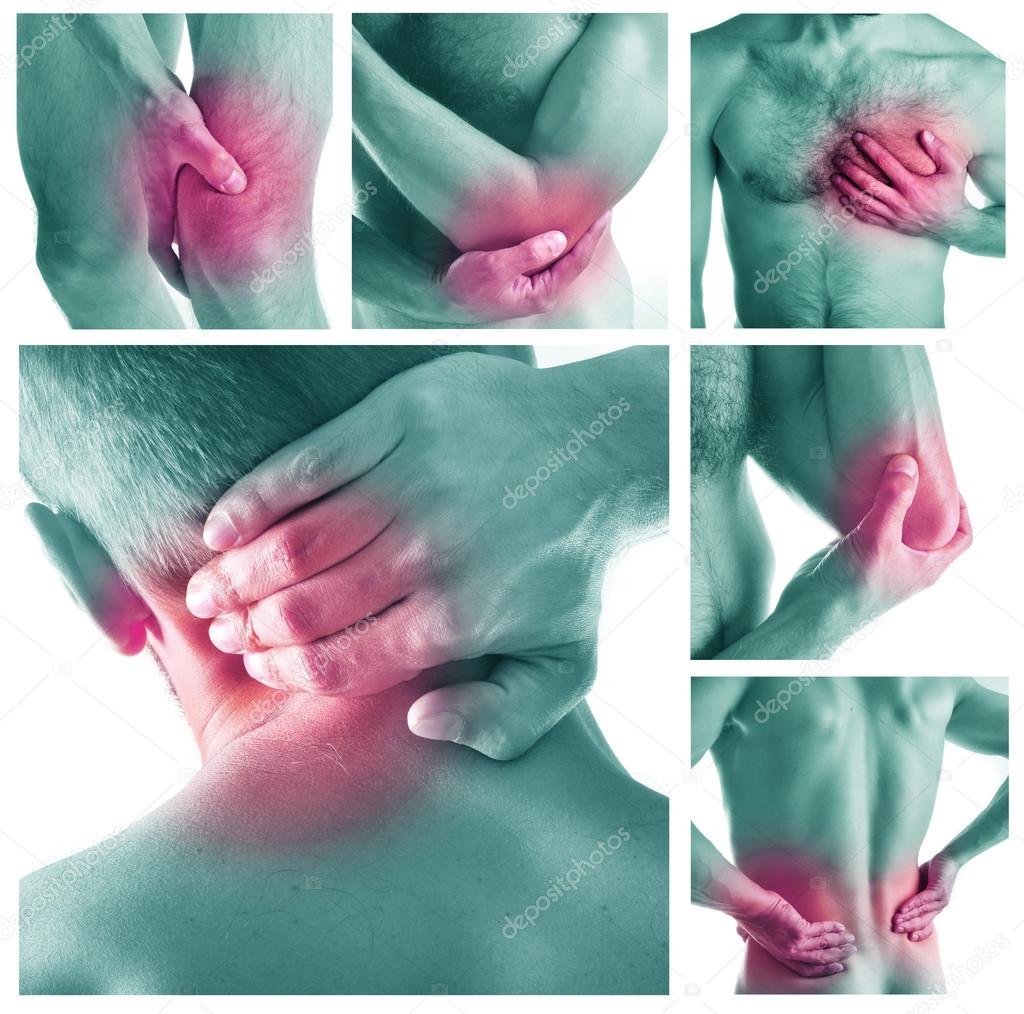 Collage representing man having pain at several part of body — Stock ...