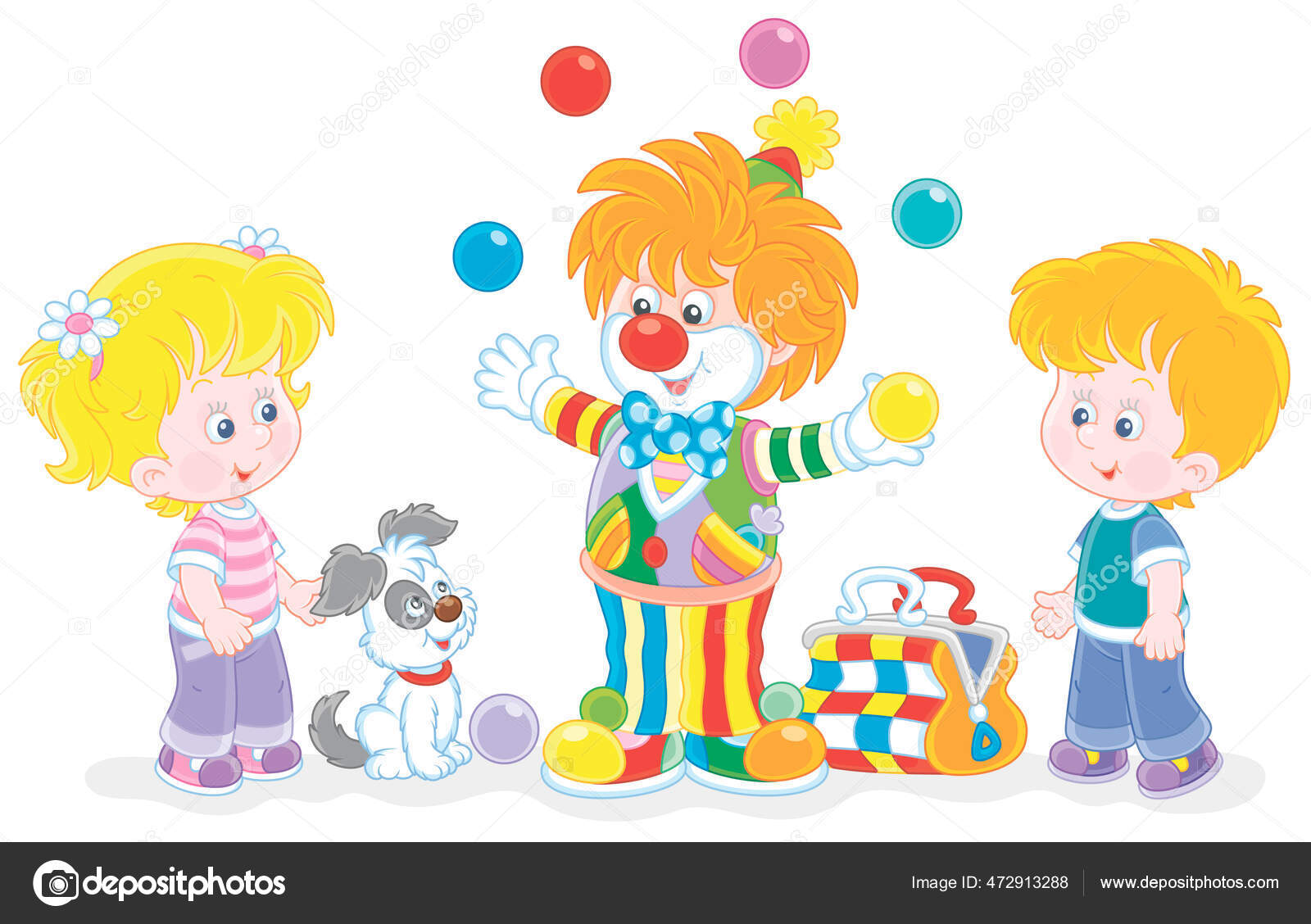 Friendly Smiling Circus Clown Showing Trick Juggling Colorful Balls ...