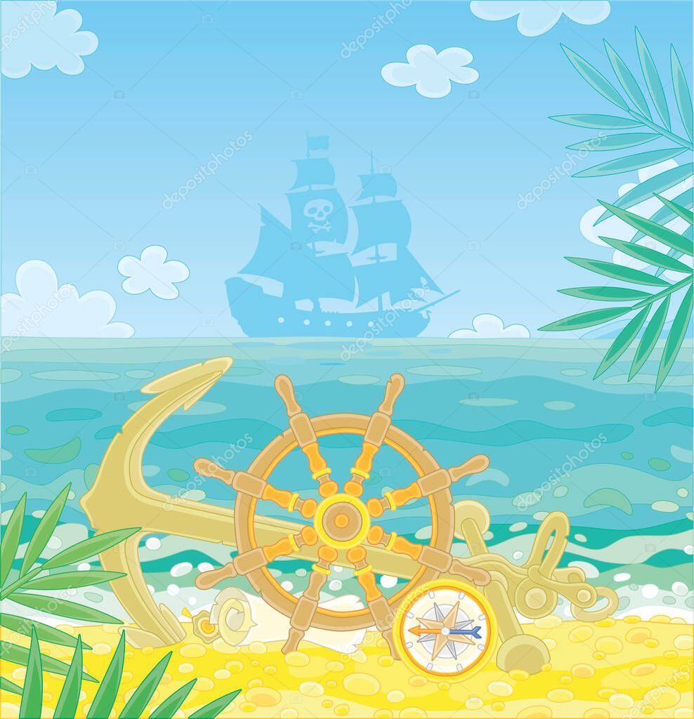 Timón de barco pirata, un ancla, una brújula y un viejo mapa de tesoros ...