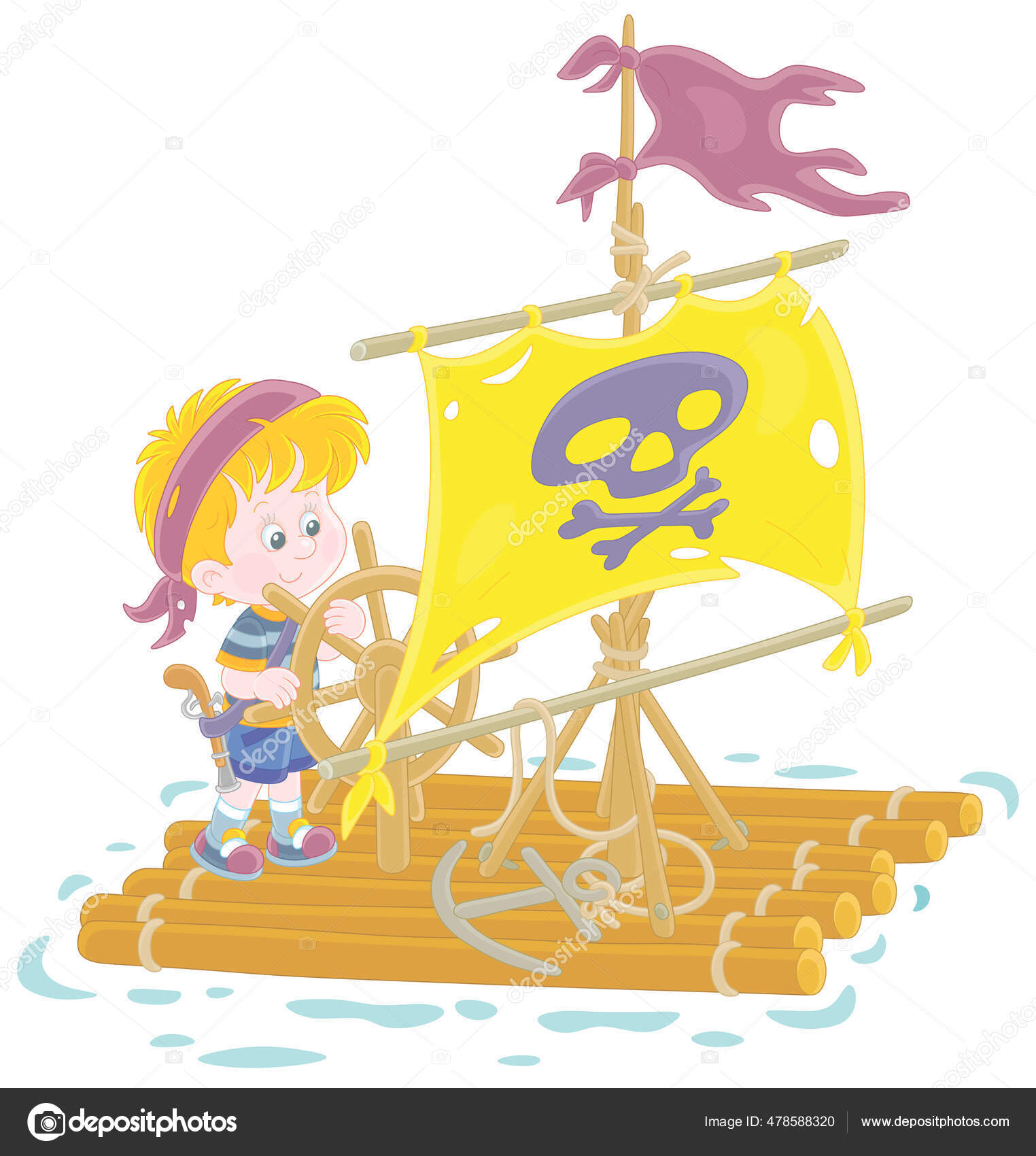 Happy Little Boy Playing Pirate Raft Sail Jolly Roger Toy Stock Vector ...