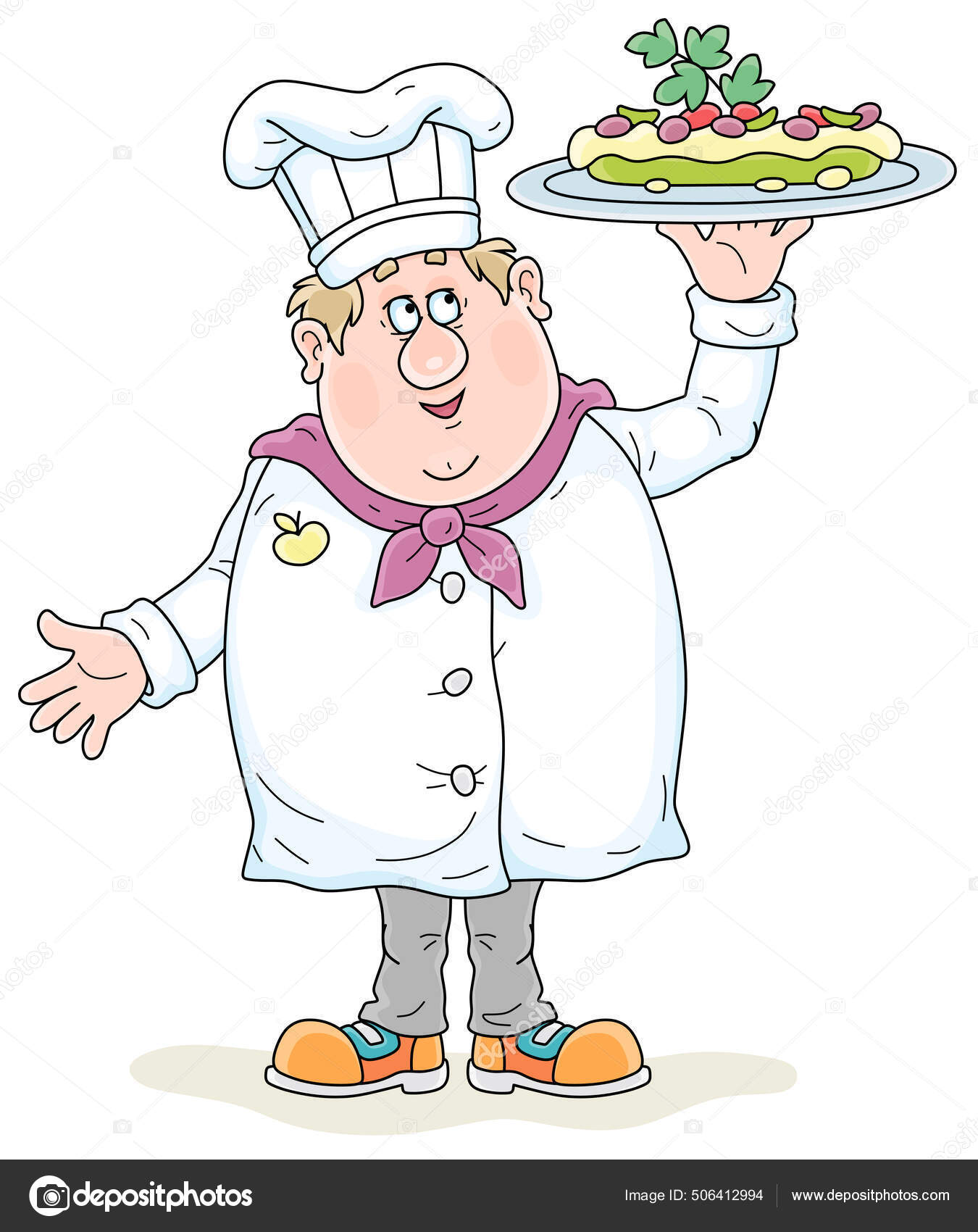 Smiling Fat Cook White Hat Uniform Cooking Standing Holding Dish Stock ...
