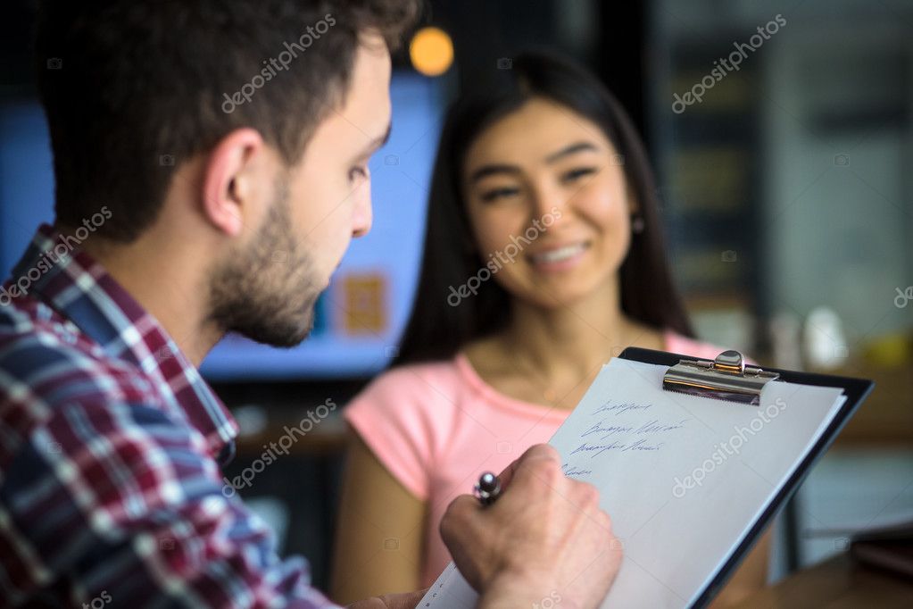 Beautiful lady having interview in restaurant — Stock Photo ...