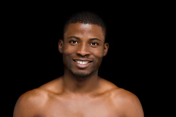 Nude Smiling African Macho Man Posing On Black Background Portrait Of