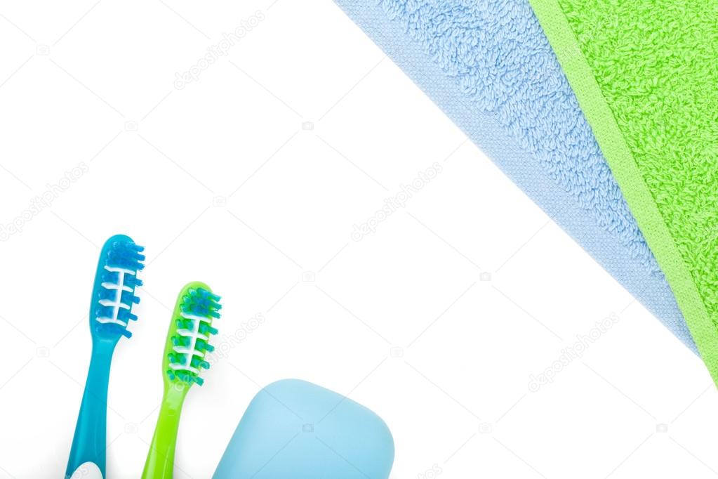 Toothbrushes, soap and two towels Stock Photo by ©karandaev 59432627 Toothbrushes, soap and two towels Stock Photo by ©karandaev 59432627