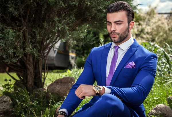 Elegant handsome man in classical costume pose outdoor. Stock Photo by ...