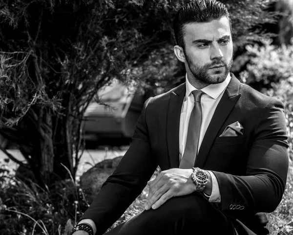 Black-white outdoor portrait of elegant handsome man in classical suit ...