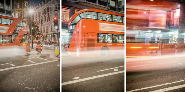 Red Buses speeding up on London streets at night - Stock Image - Everypixel