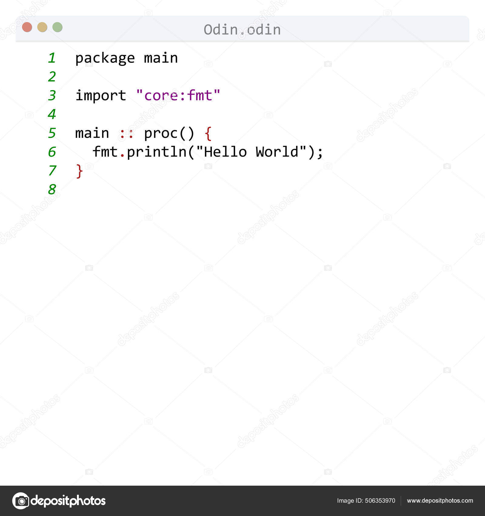 Odin Language Hello World Program Sample Editor Window Stock Vector ...