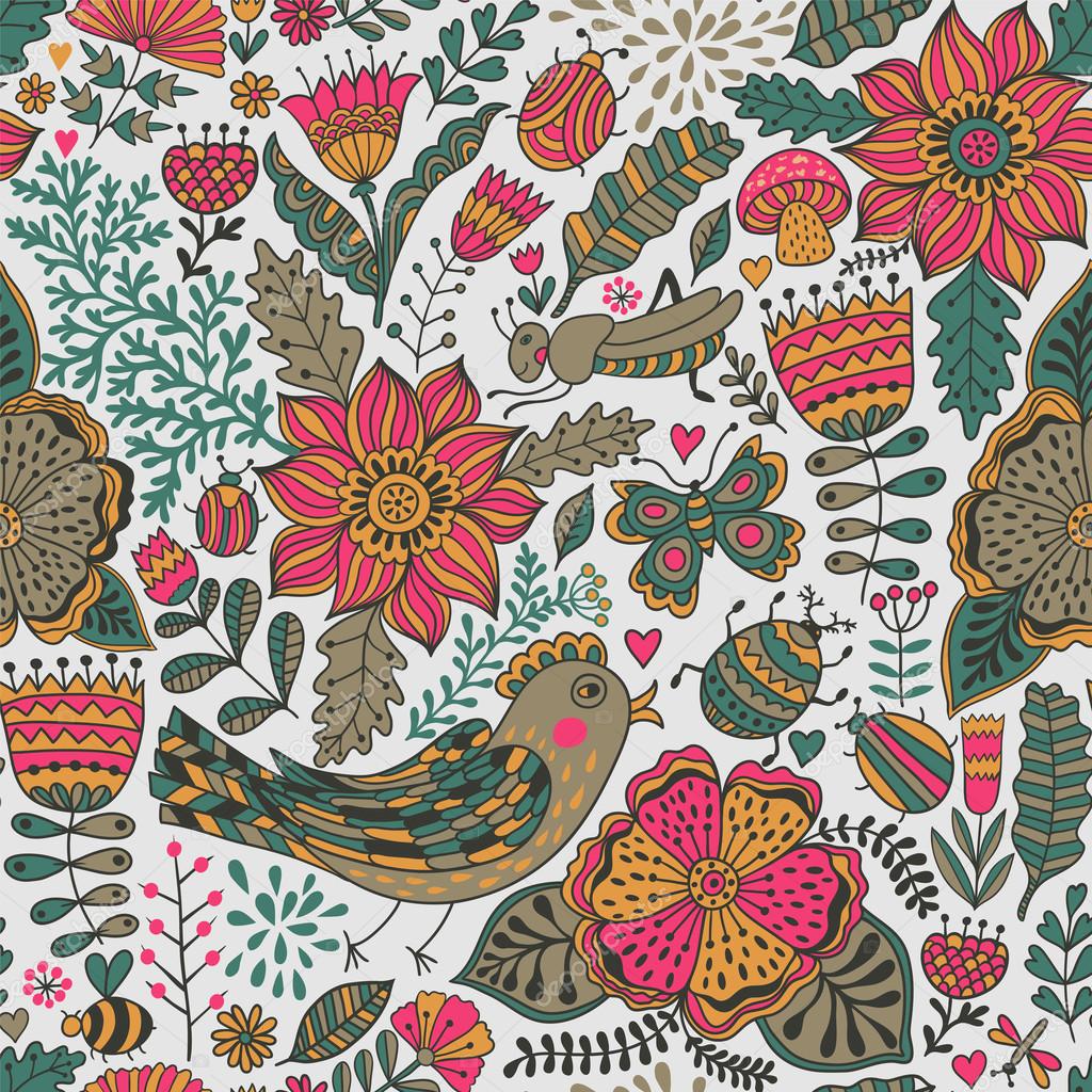 Seamless texture with flowers, birds and butterflies. Stock Vector ...