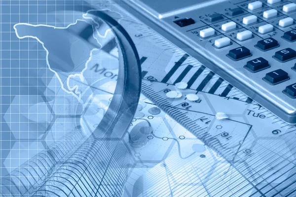Financial background with map, calculator, graph and magnifier ⬇ Stock ...