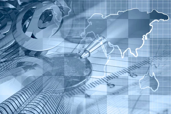 Financial background with money, calculator, map, buildings and pen ...