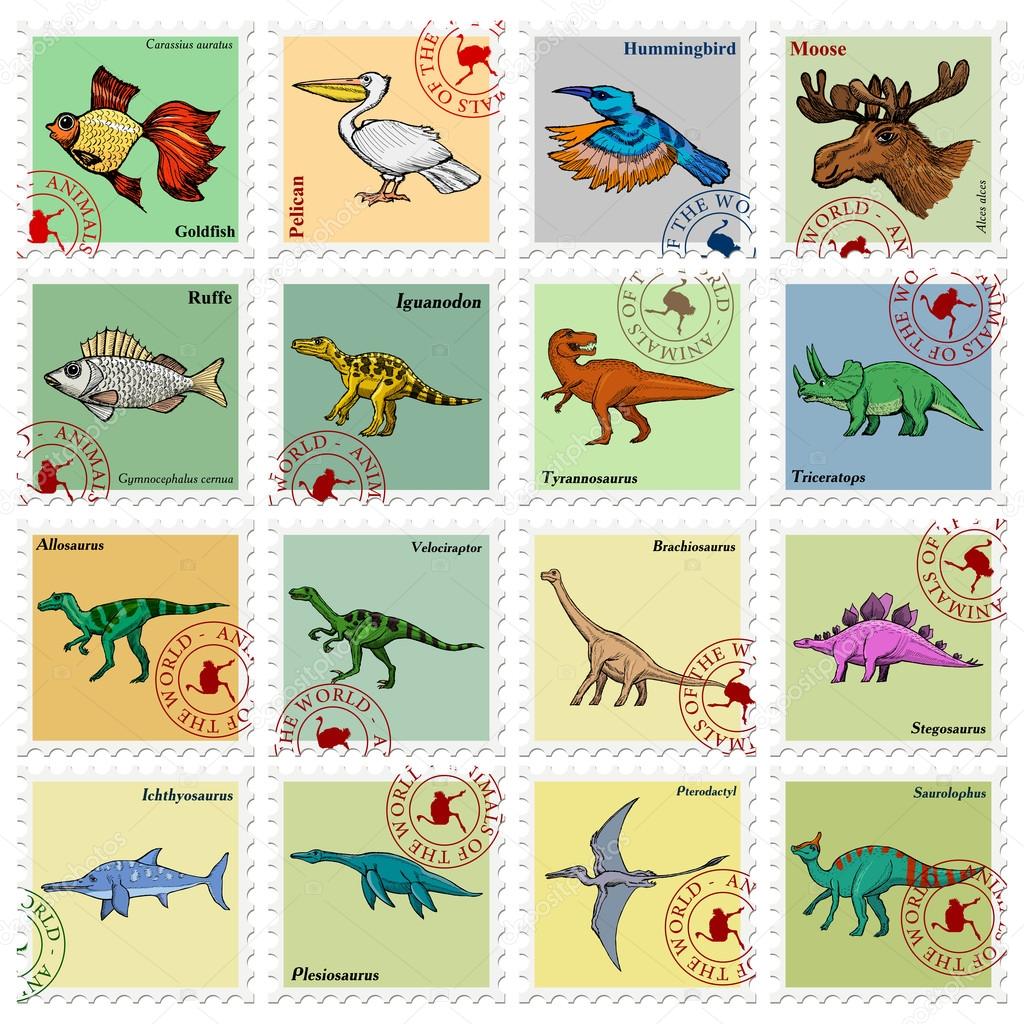 Animal stamps with dinosaur, hummingbird and other animals — Stock ...
